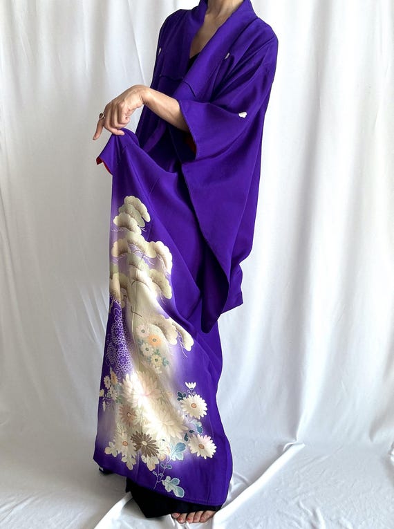 1920s antique Furisode aubergine purple gorgeous pine… - Gem