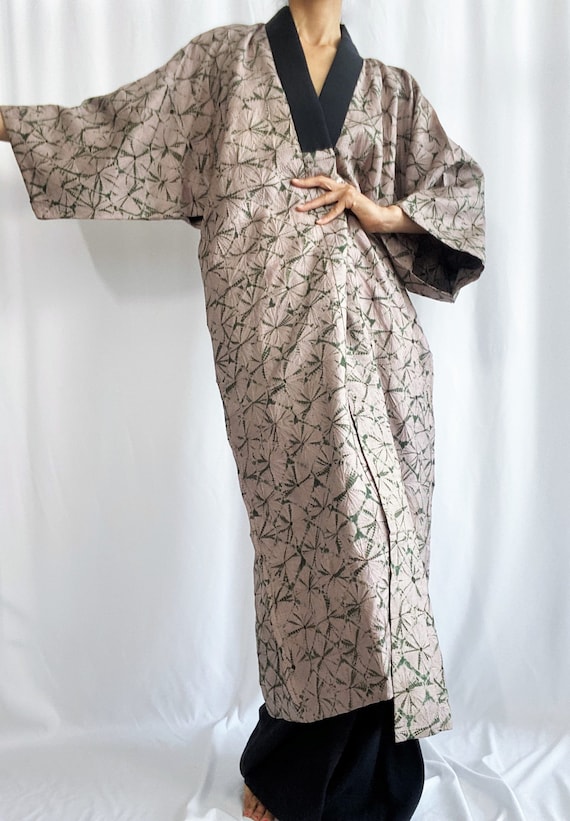 light pink & dark green Shibori Men's Kimono robe/sil… - Gem