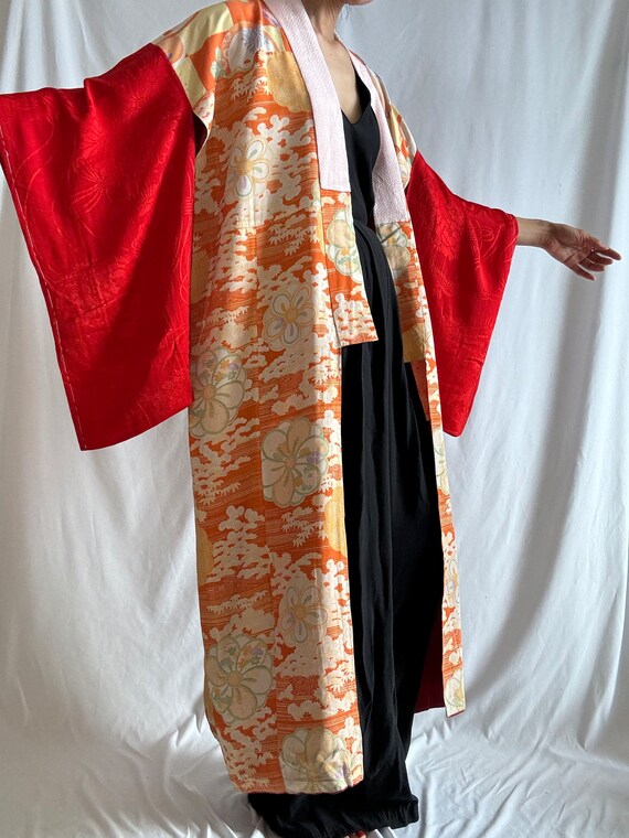 1900~1910s antique red orange patchwork silk kimono r… - Gem