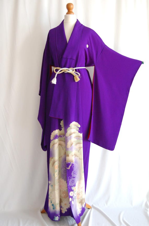 1920s antique Furisode aubergine purple gorgeous pine… - Gem
