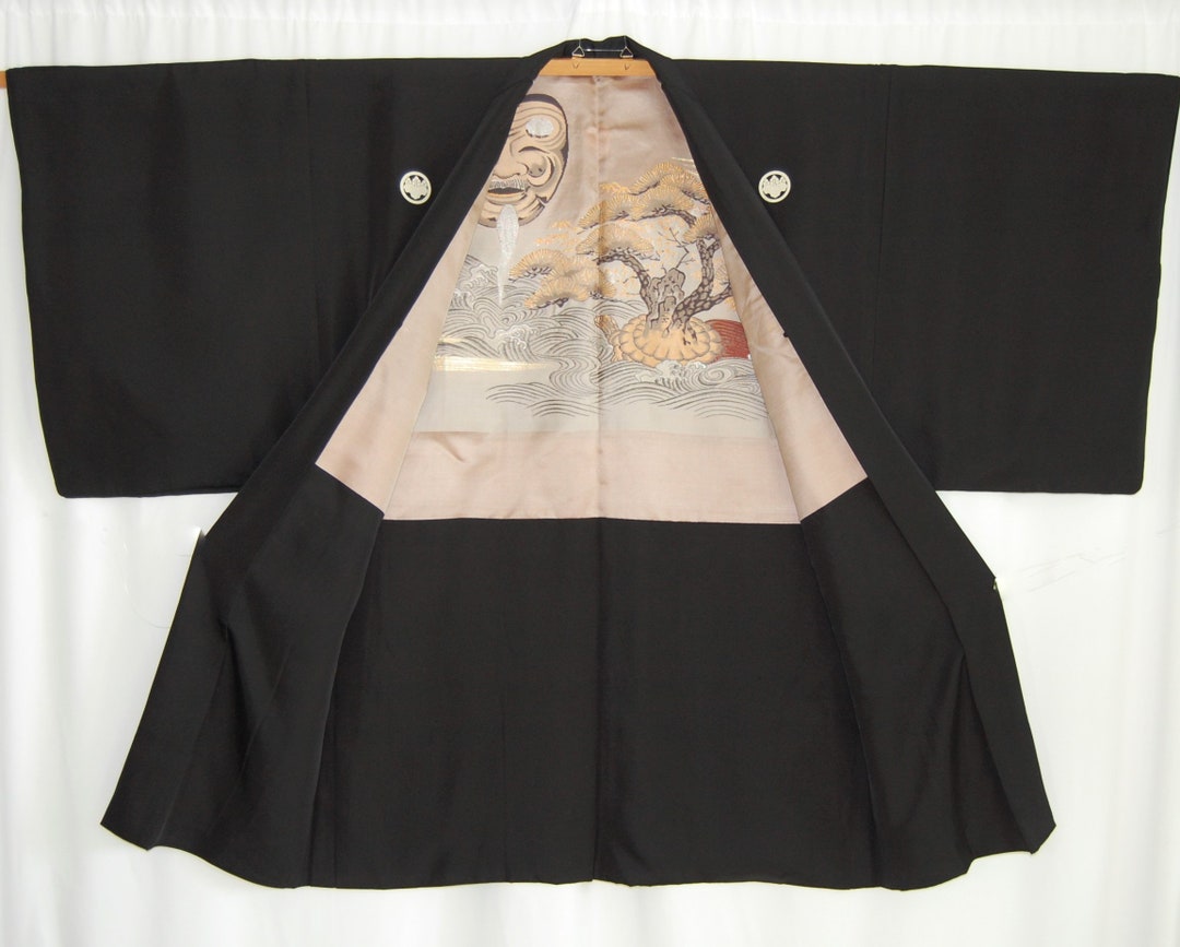Men's Black Long Kimono Jacket/ Formal Crested Haori/auspicious Pattern ...
