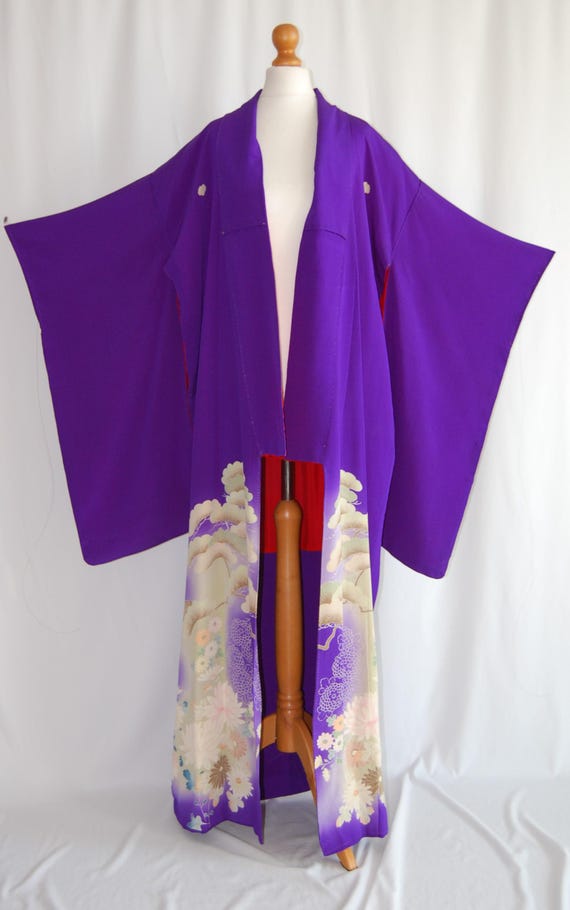 1920s antique Furisode aubergine purple gorgeous pine… - Gem