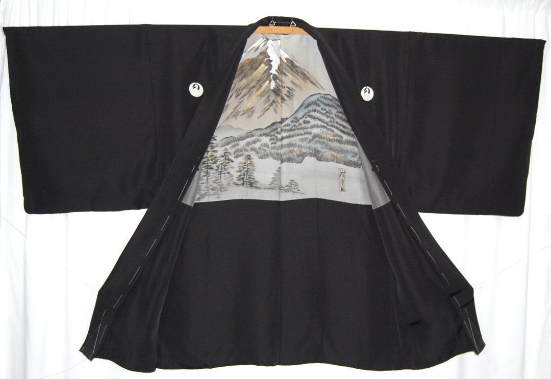 Men's Black Long Kimono Jacket/ Crane Formal Crested Haori/hiroshige Mt ...