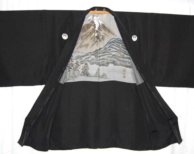 Men's Black Long Kimono Jacket/ Crane Formal Crested Haori/hiroshige Mt ...