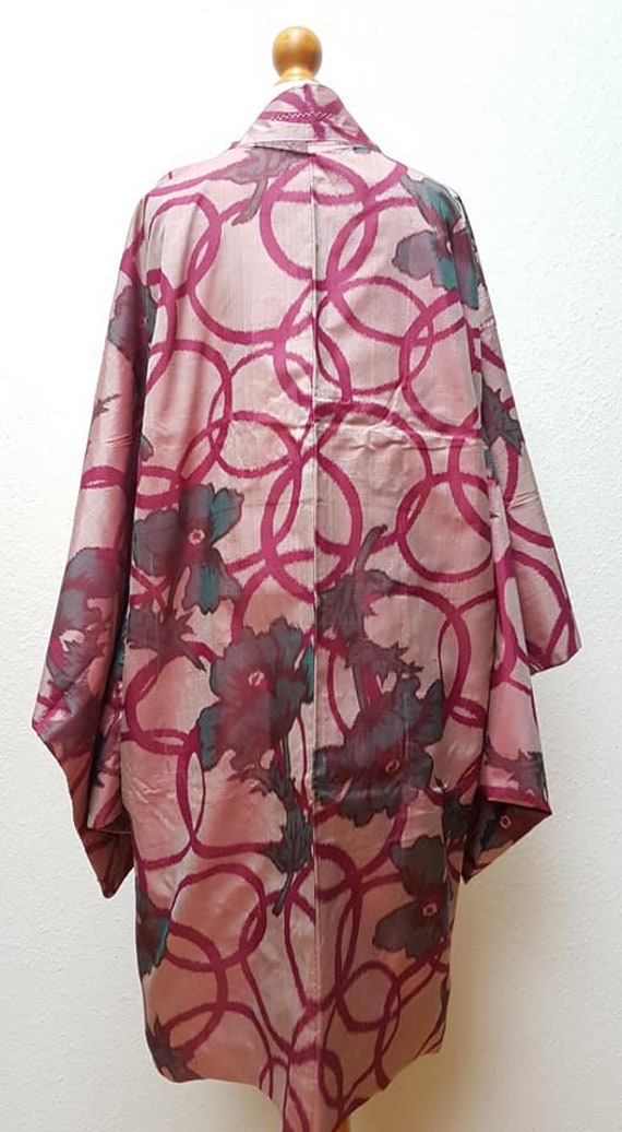 kimono jacket/1920's shiny pink circle and poppy flow… - Gem