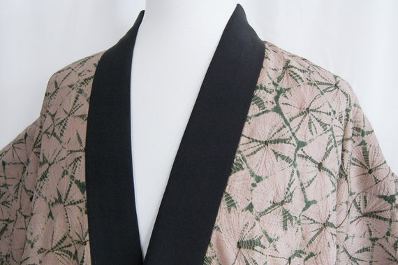 light pink & dark green Shibori Men's Kimono robe/sil… - Gem