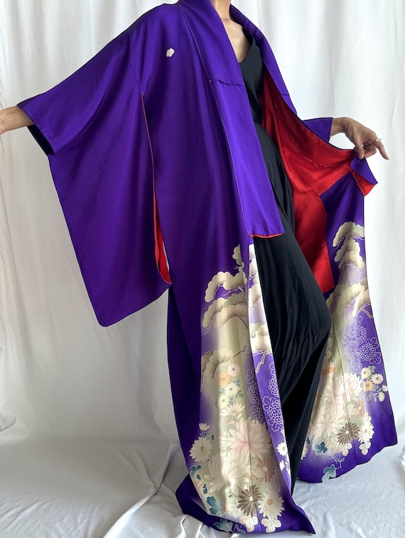 1920s antique Furisode aubergine purple gorgeous pine… - Gem
