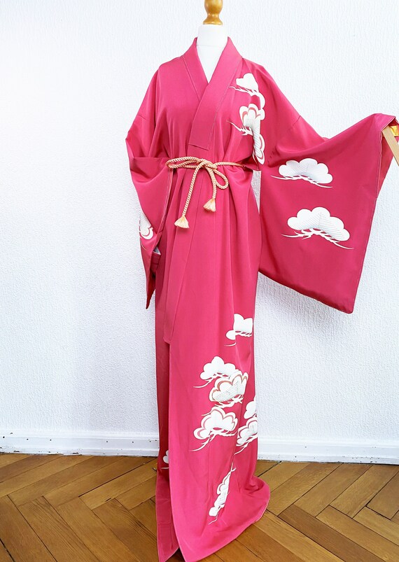 1960's unused vintage raspberry pink shiny long kimo… - Gem
