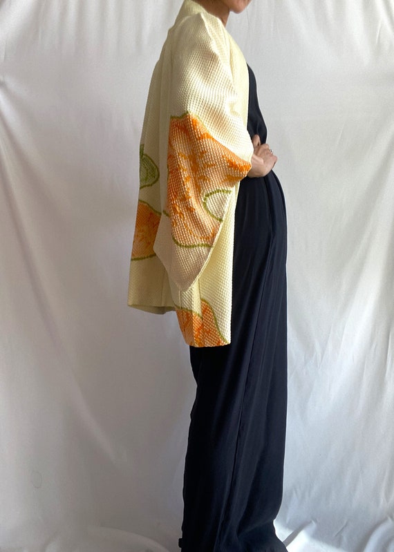 1960s Japanese Shibori Silk Haori – Lemon Yellow & Pi… - Gem