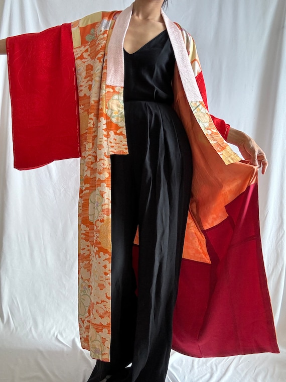 1900~1910s antique red orange patchwork silk kimono r… - Gem