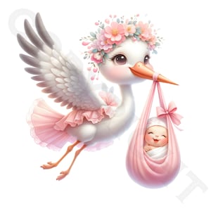 Pastel Pink Stork Clipart | Baby Girl Arrival PNG Images (digital ...