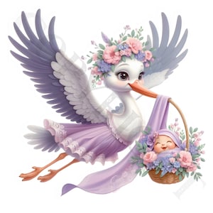 Baby Girl Stork Clipart | Pink, Purple PNG Images (commercial Use) - Etsy