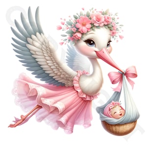 Pastel Pink Stork Baby Girl Clipart | 10 Transparent PNG Images | Baby ...