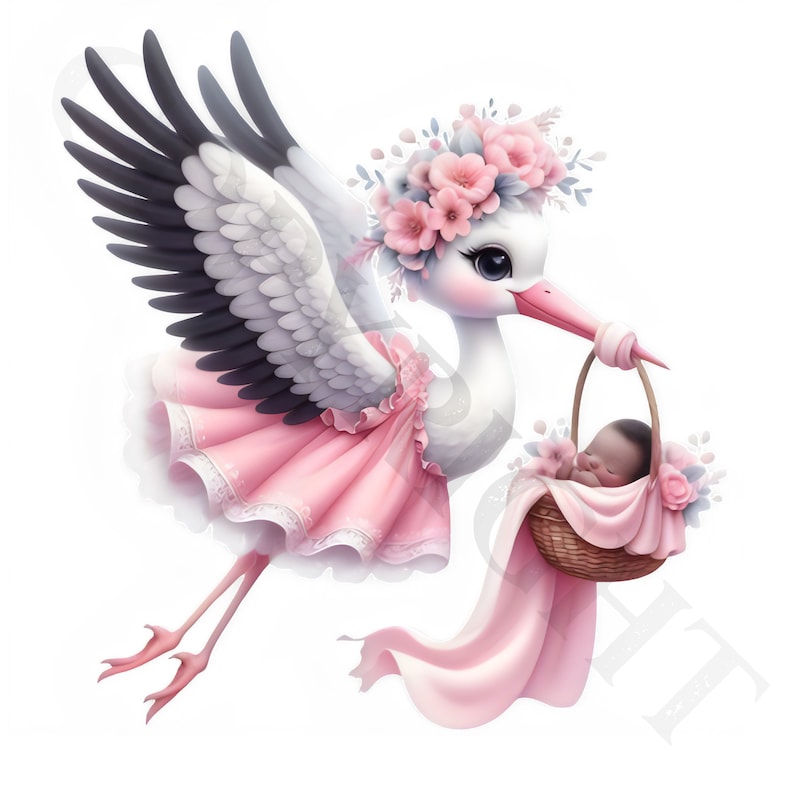 Pink Stork Black Baby Clipart | Baby Shower PNG (digital Download) - Etsy