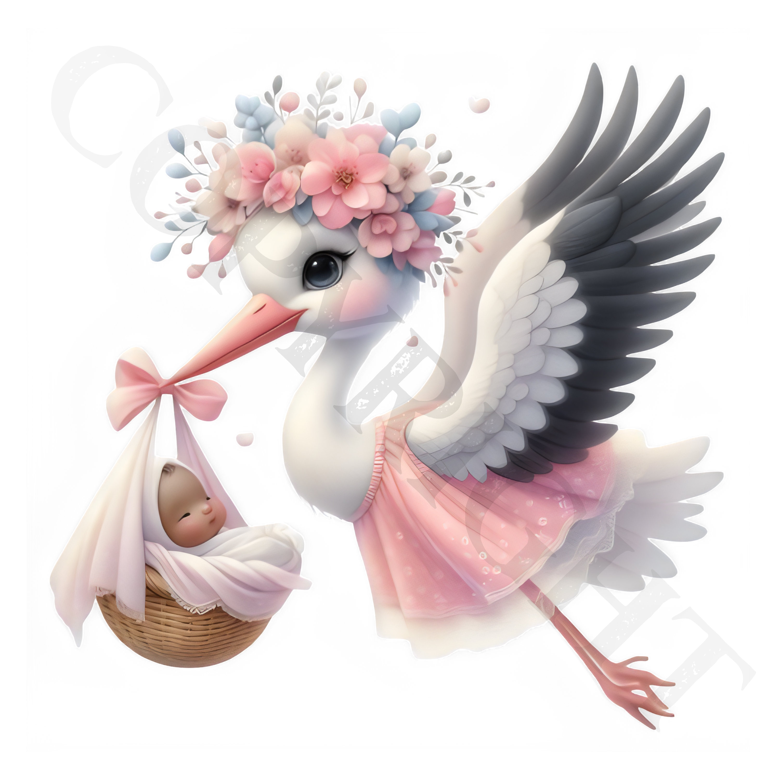 Pink Stork Black Baby Clipart | Baby Shower PNG (digital Download) - Etsy
