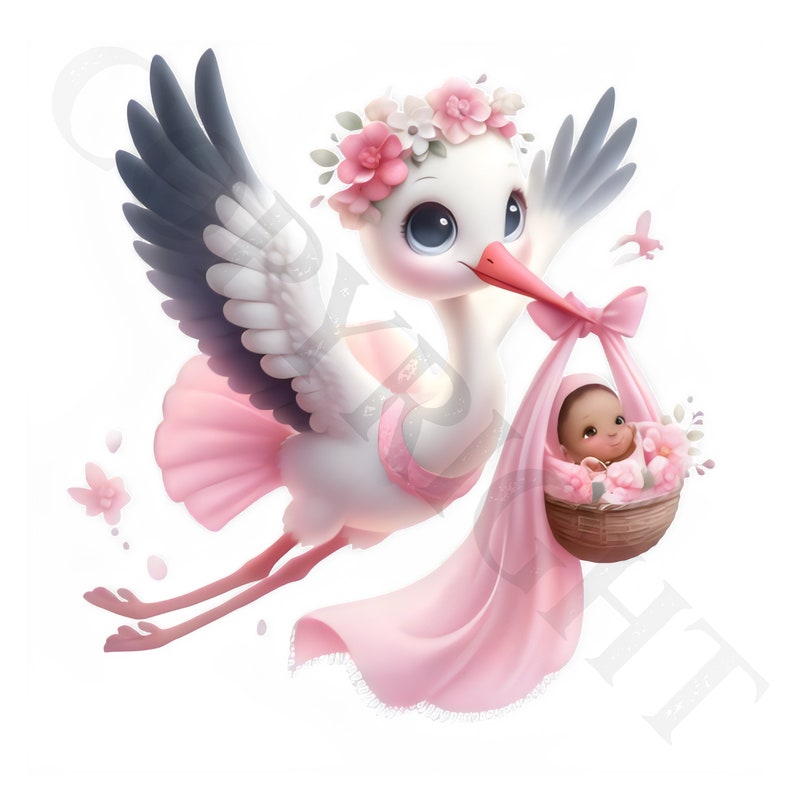Pink Stork Black Baby Clipart | Baby Shower PNG (digital Download) - Etsy
