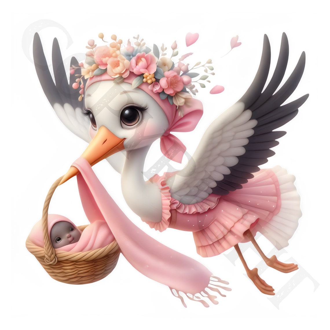 Pink Stork Black Baby Clipart | Baby Shower PNG (digital Download) - Etsy