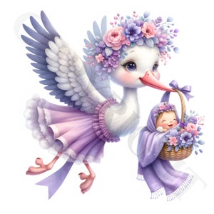 Baby Girl Stork Clipart | Pink, Purple PNG Images (commercial Use) - Etsy