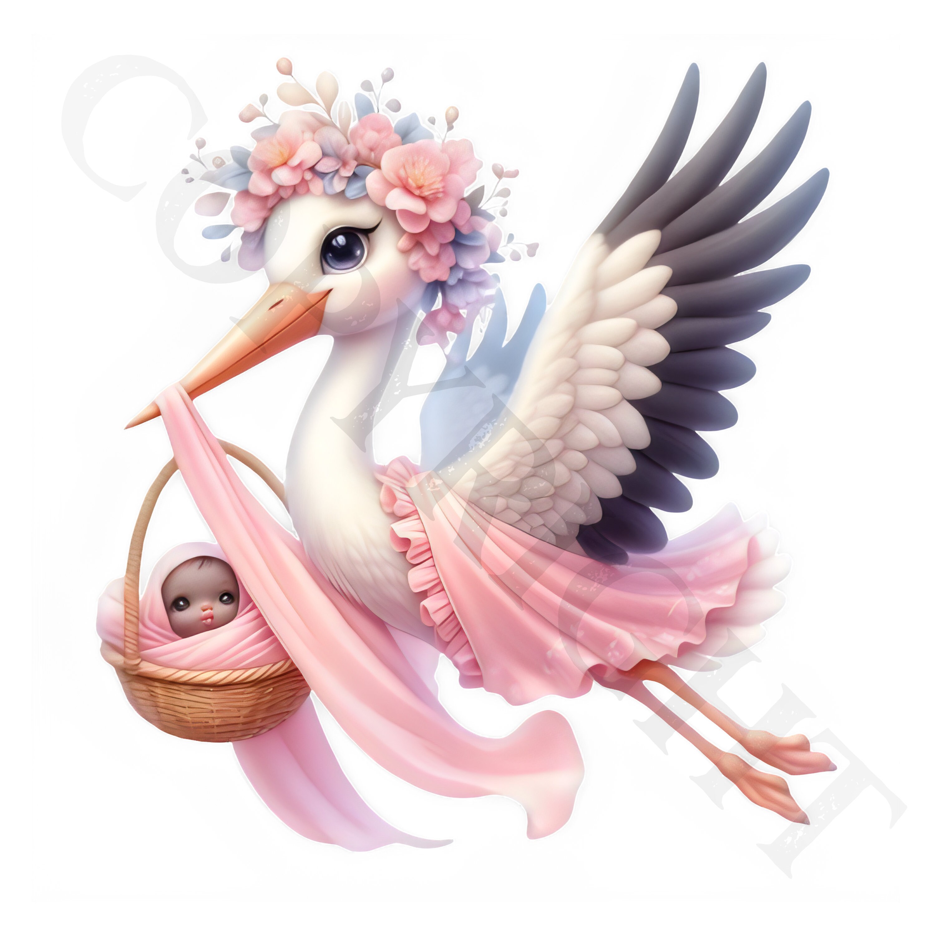 Pink Stork Black Baby Clipart | Baby Shower PNG (digital Download) - Etsy