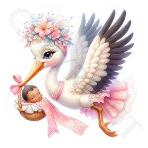 Pink Stork Black Baby Clipart | Baby Shower PNG (digital Download) - Etsy