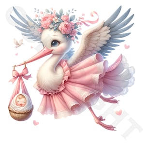 Pastel Pink Stork Clipart | Baby Girl Arrival PNG Images (digital ...