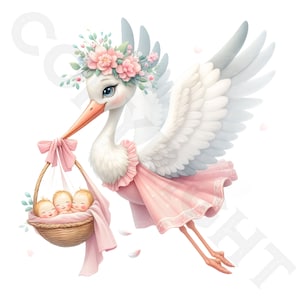 Pastel Pink Stork Clipart | Baby Girl Arrival PNG Images (digital ...