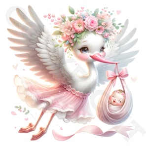 Pastel Pink Stork Clipart | Baby Girl Arrival PNG Images (digital ...