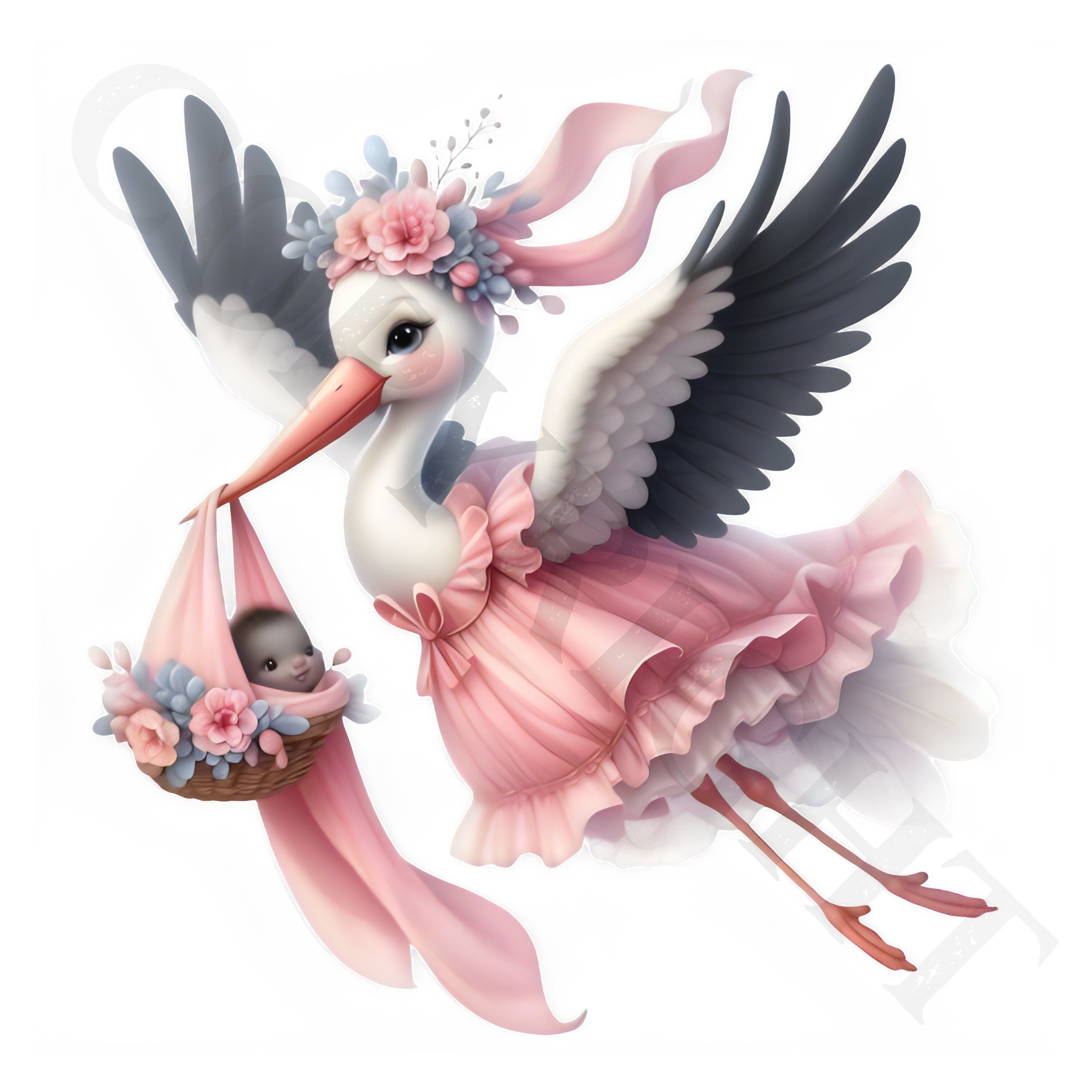 Pink Stork Black Baby Clipart | Baby Shower PNG (digital Download) - Etsy