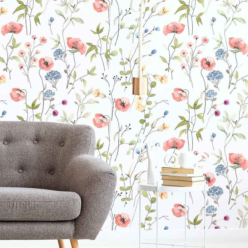 Meadow Floral Wallpaper, Poppy Peel and Stick Wallpaper, Blush Poppy ...