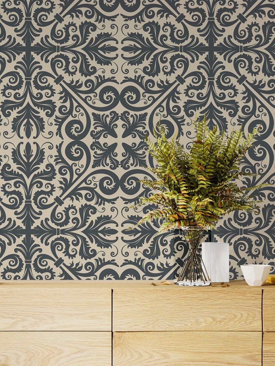 Black and White Damask Geometric Wallpaper, Art Deco Wallpaper, Modern ...
