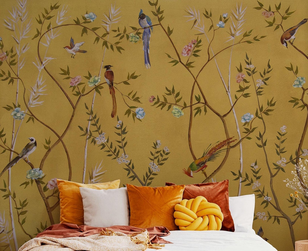 Golden Birds And Floral Wallpaper Gold Chinoiserie Wallpaper Exotic