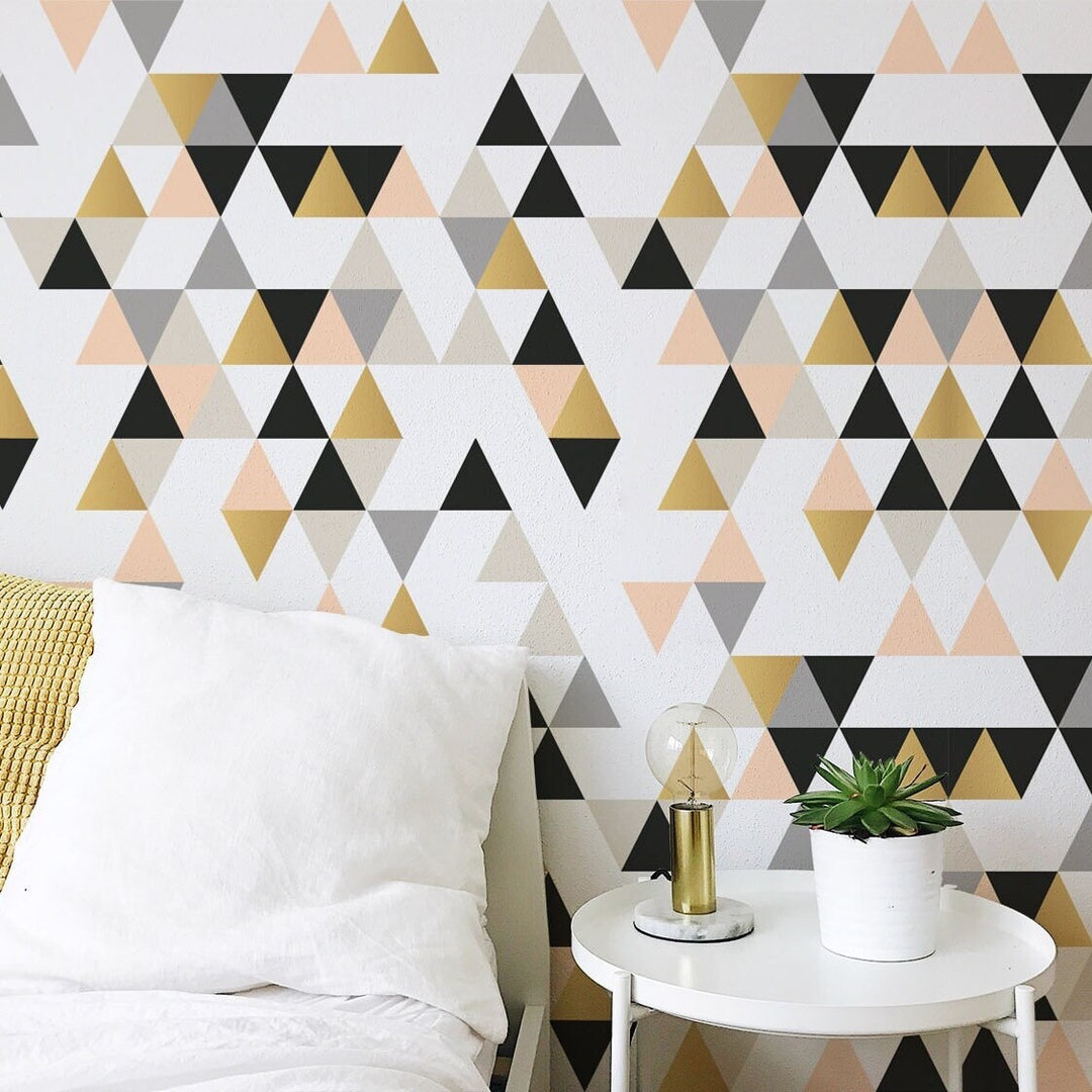 Geometric Triangles Wallpaper, Peel and Stick, Pink Black and Gold ...