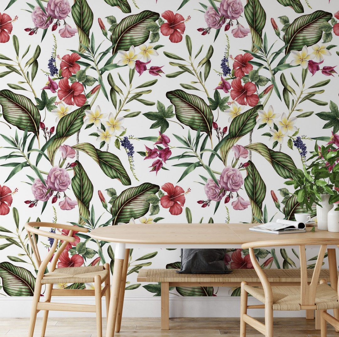 Coastal Hibiscus Tropical Flowers Peel and Stick Wallpaper, Floral Wall ...