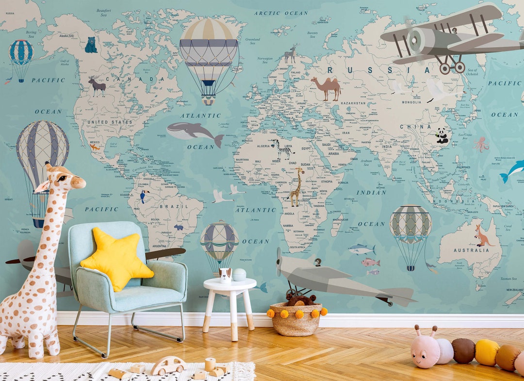 Light Blue Wallpaper for Baby, Cute Kids World Map Peel and Stick ...