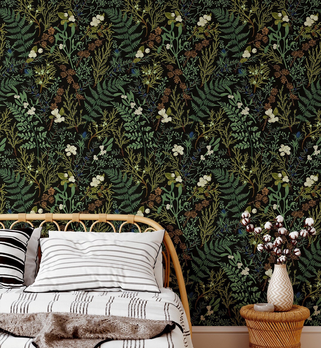Floral Wallpaper, Wall Paper Flowers, Removable Wallpaper, Dark Green ...