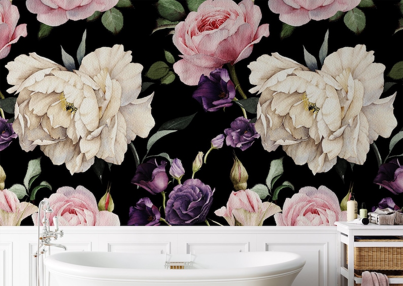 Large Peony Flowers Wall Cover Black Background With Flowers - Etsy