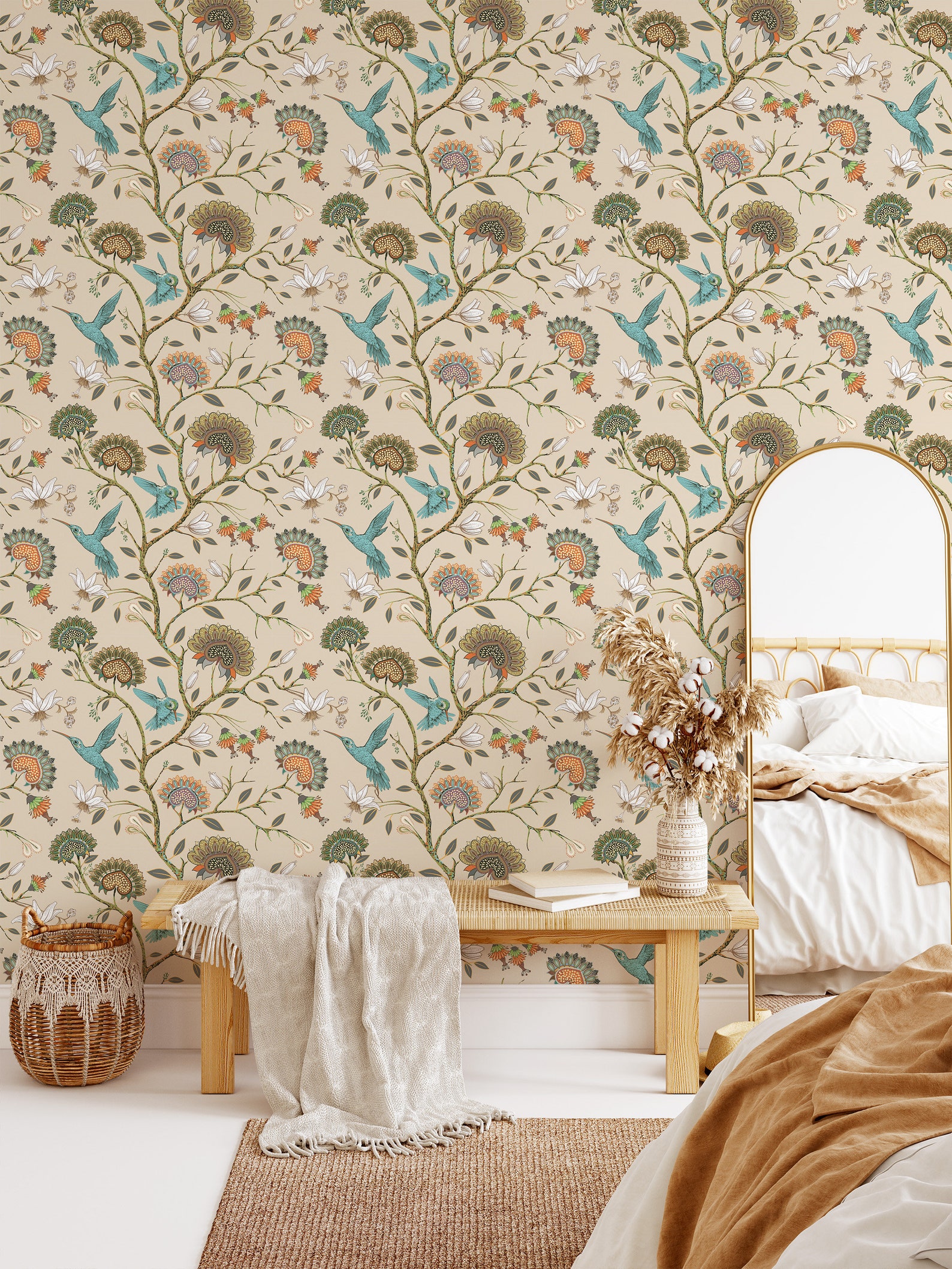 Hummingbird and Paisley Floral Wallpaper, Chinoiserie Botanical Wall ...