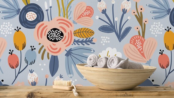 Floral Wall Mural Prepasted Wallpaper Girl's Bedroom | Etsy