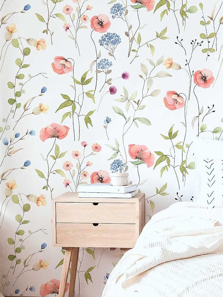 Meadow Floral Wallpaper, Poppy Peel and Stick Wallpaper, Blush Poppy ...