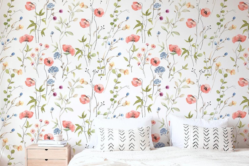 Meadow Floral Wallpaper, Poppy Peel and Stick Wallpaper, Blush Poppy ...
