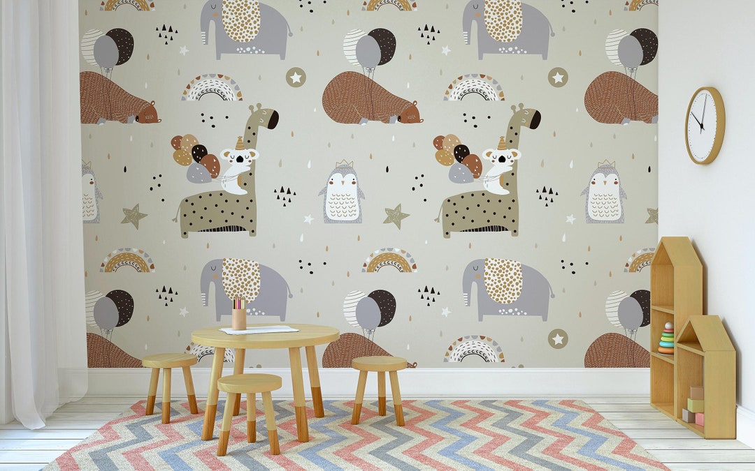 Animal Pattern Nursery Wallpaper, Elephant & Bear Wall Mural, Peel and ...