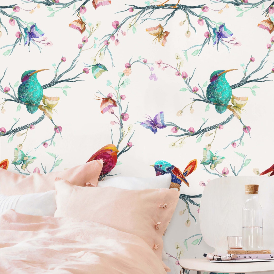 Colorful Bird and Floral Wallpaper, Garden Theme Removable Wallpaper ...