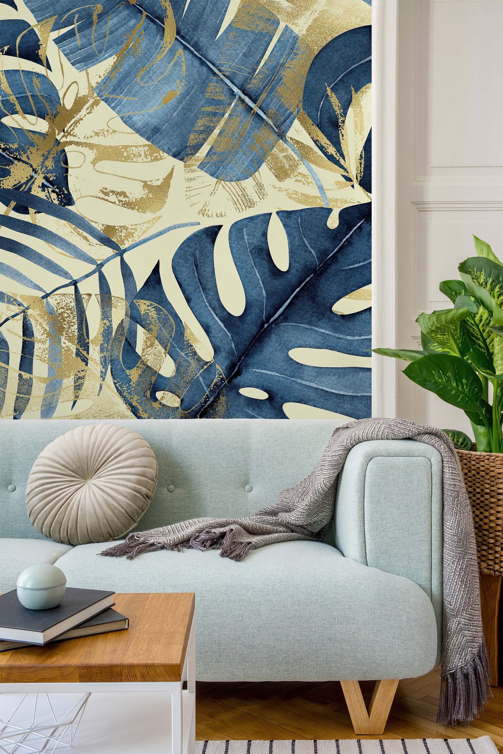 Tropical Blue Leafy Wallpaper Design Self Adhesive Livingroom - Etsy