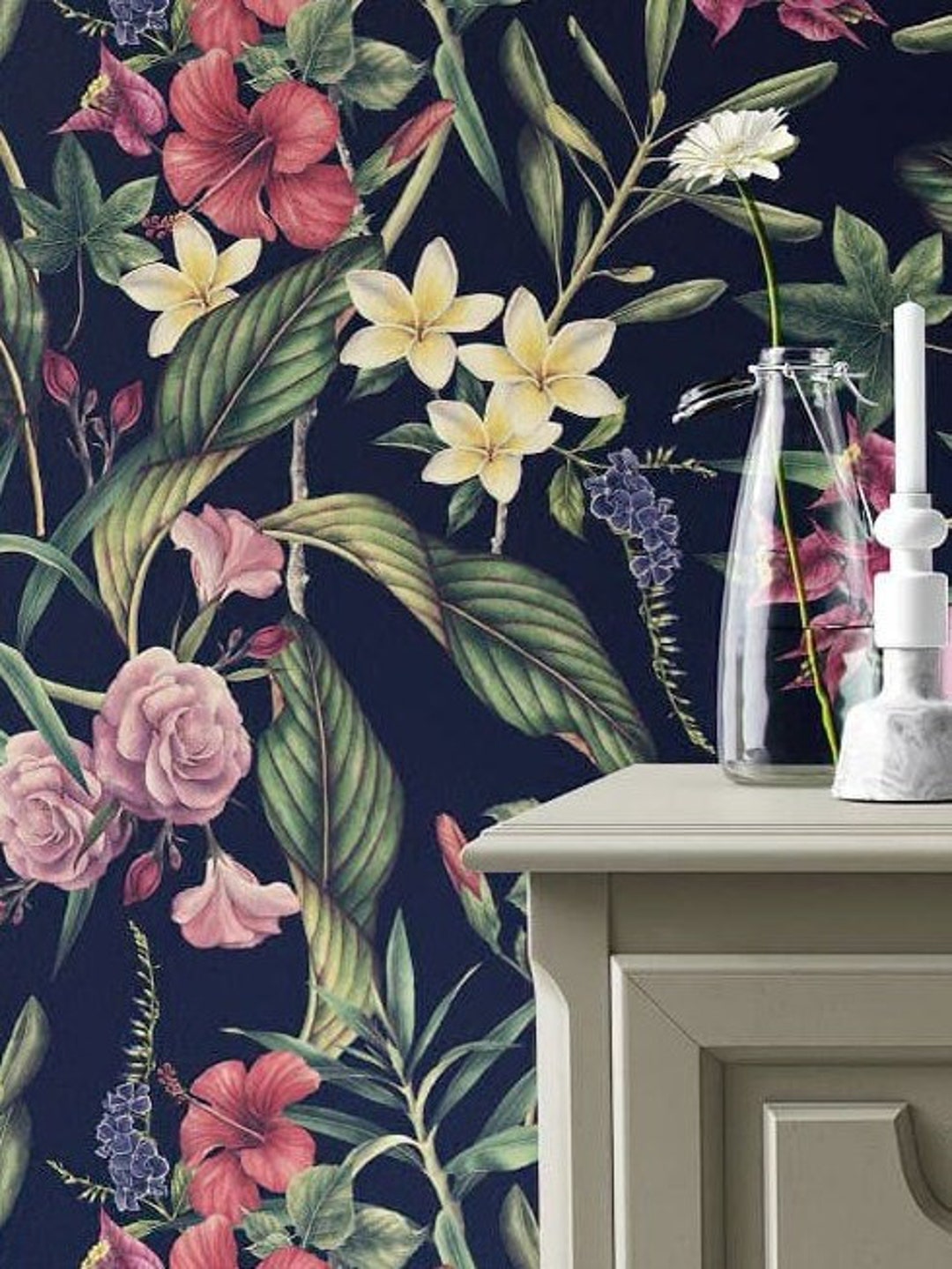 Tropical Flower and Leaves Wall Mural, Floral Peel and Stick Wallpaper ...