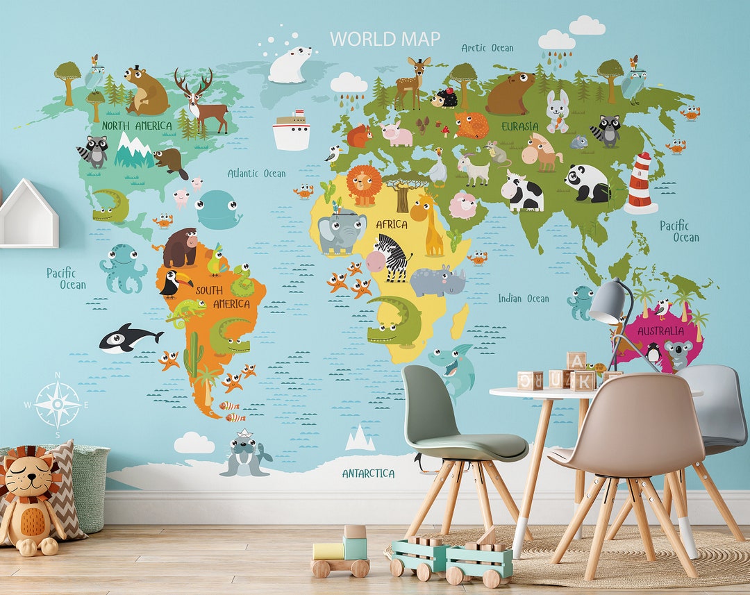 Kids World Map Wallpaper Peel & Stick, Custom Wallpaper for Kids. Map ...
