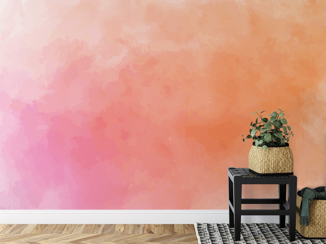 Watercolor Pink and Orange Wallpaper, Abstract Wall Art for Bedroom ...