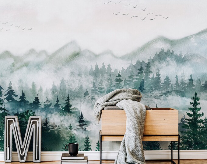 Green Painted Forest Wallpaper Mural - Etsy