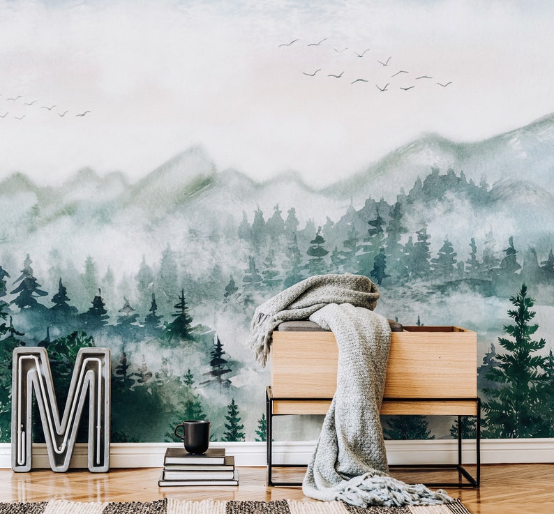 Mountain Landscape Wallpaper | Pine Trees Wallpaper | Misty Forest Wall ...