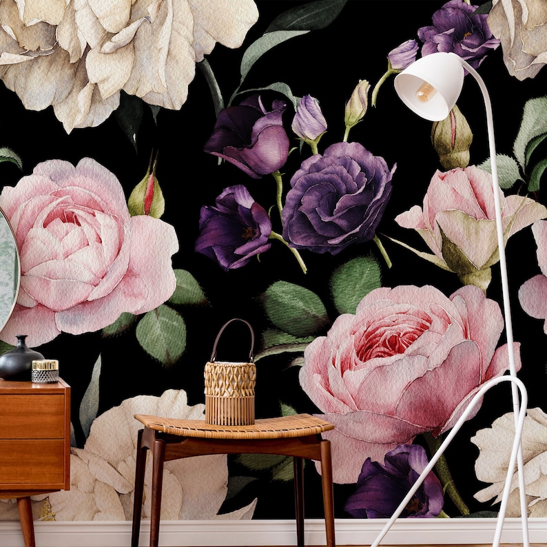 Large Peony Flowers Wall Cover Black Background With Flowers - Etsy