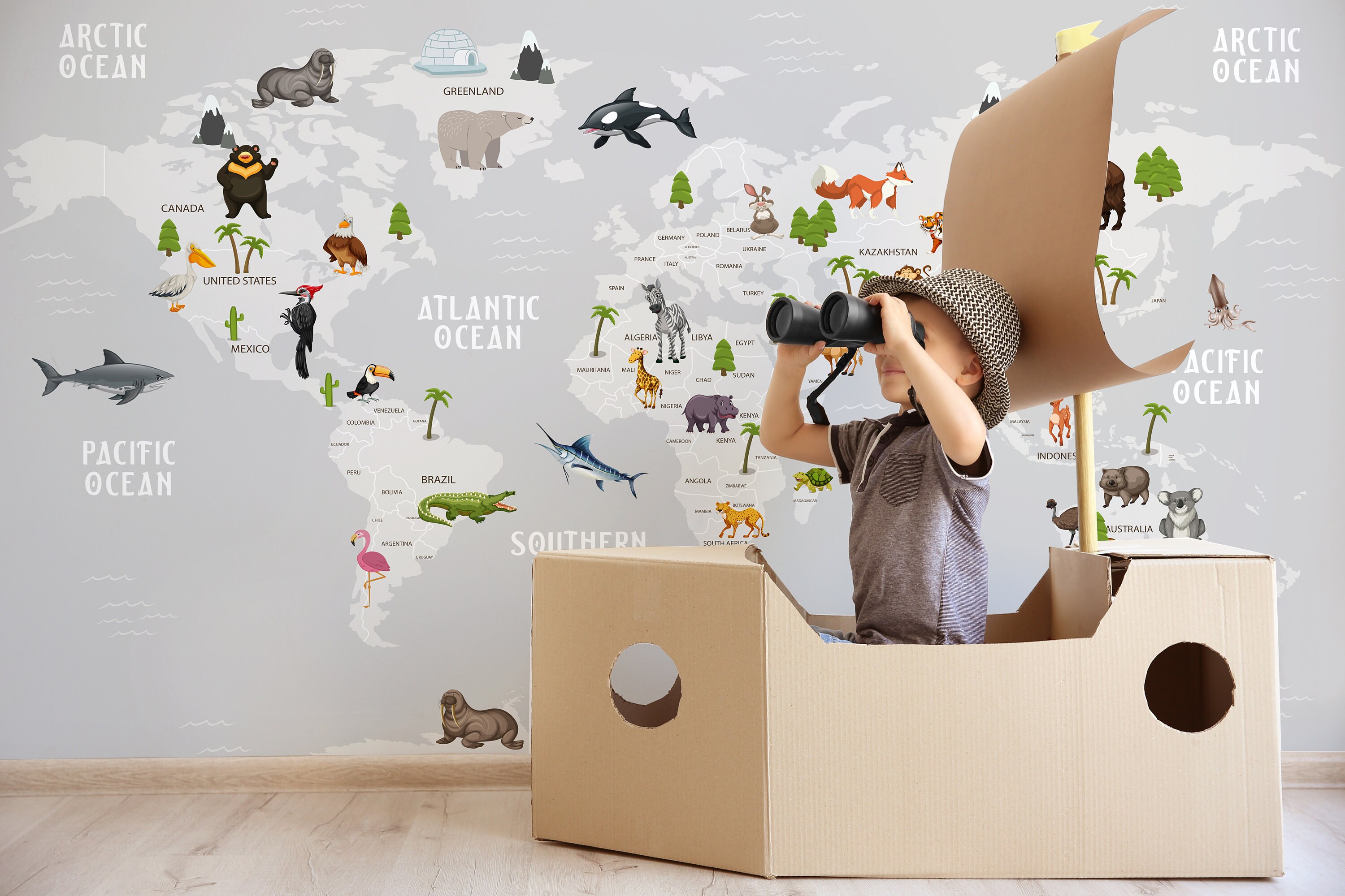 World Map Kids Wall Mural, Nursery Removable Wallpaper Peel and Stick ...